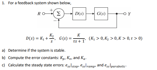 [Solved]: 1. For a feedback system shown below, D(s)=K1+sK