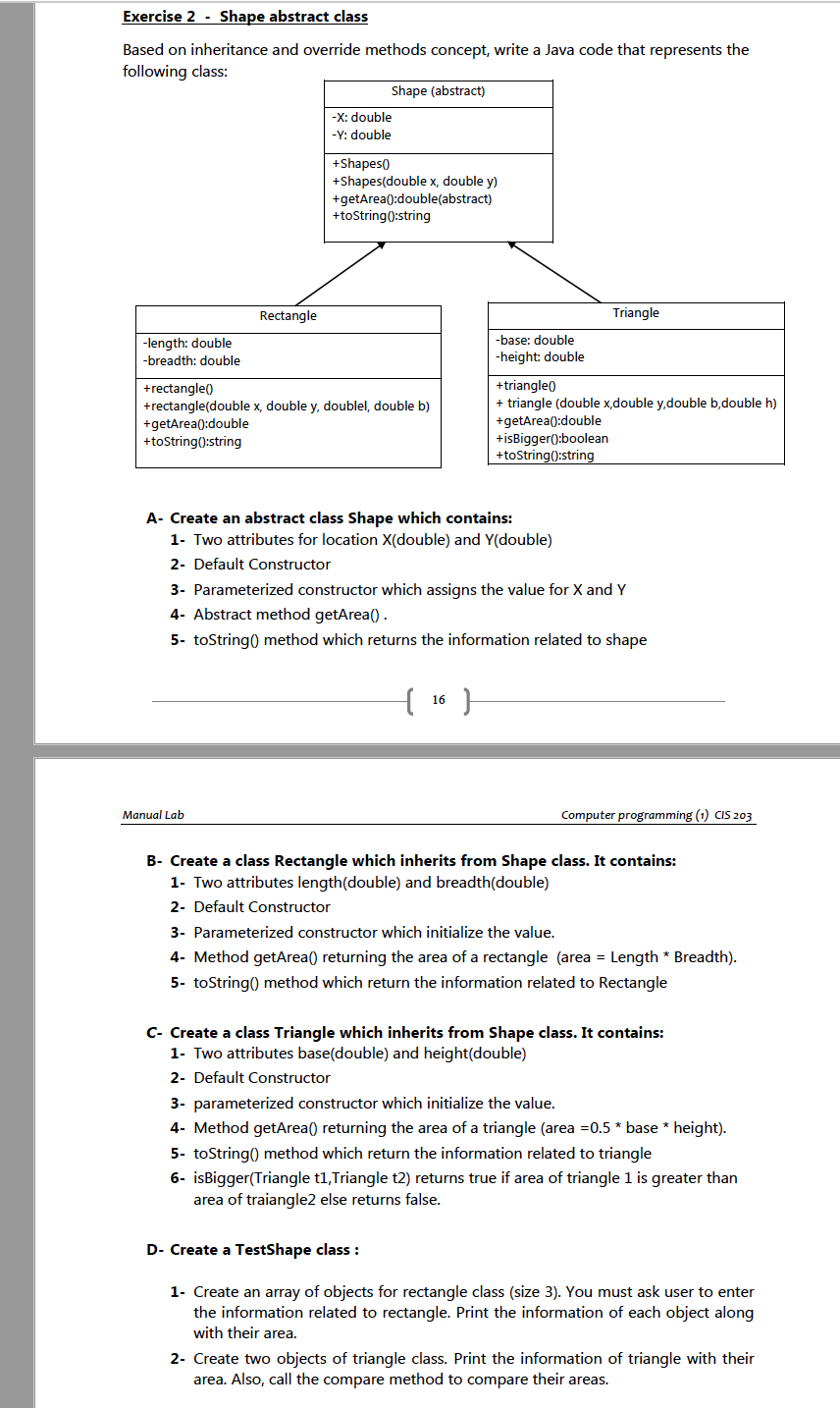 Solved Exercise 2 - Shape abstract class Based on | Chegg.com