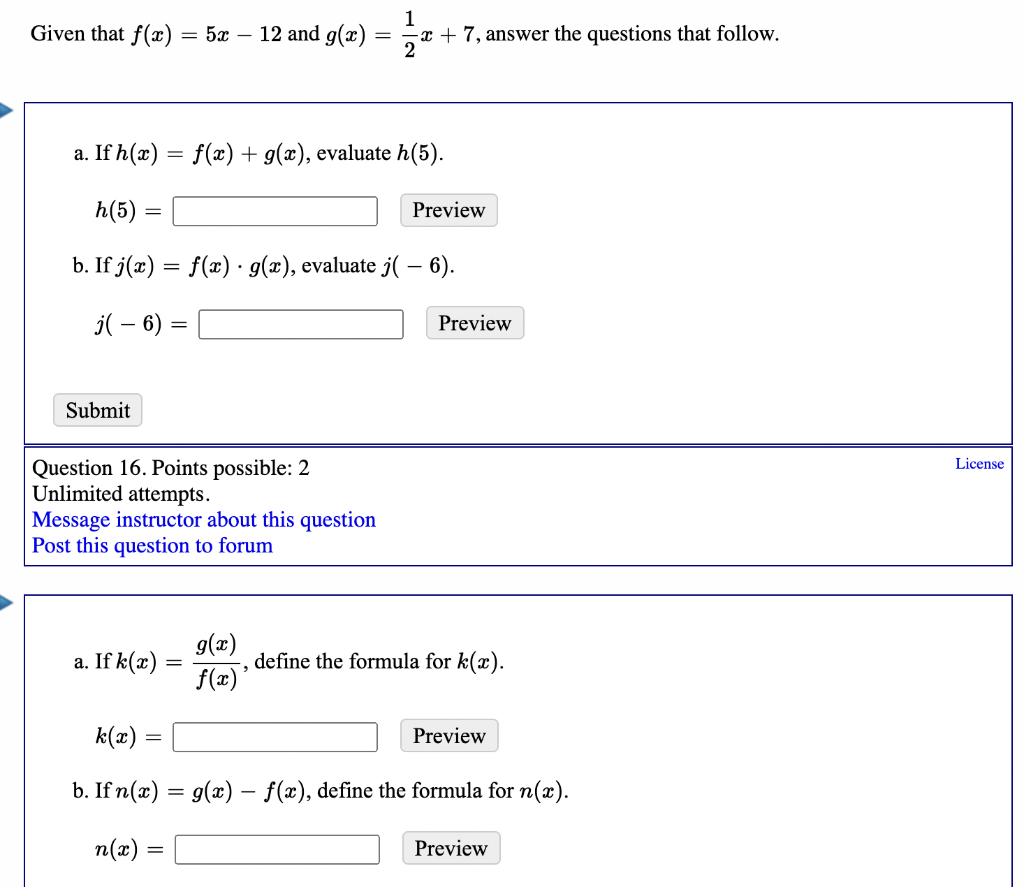 Solved Given that f(x)=5x−12 and g(x)=21x+7, answer the | Chegg.com