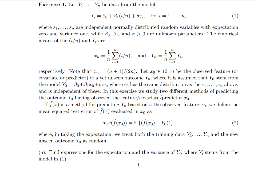 Exercise 1. Let Y1,…,Yn be data from the model | Chegg.com