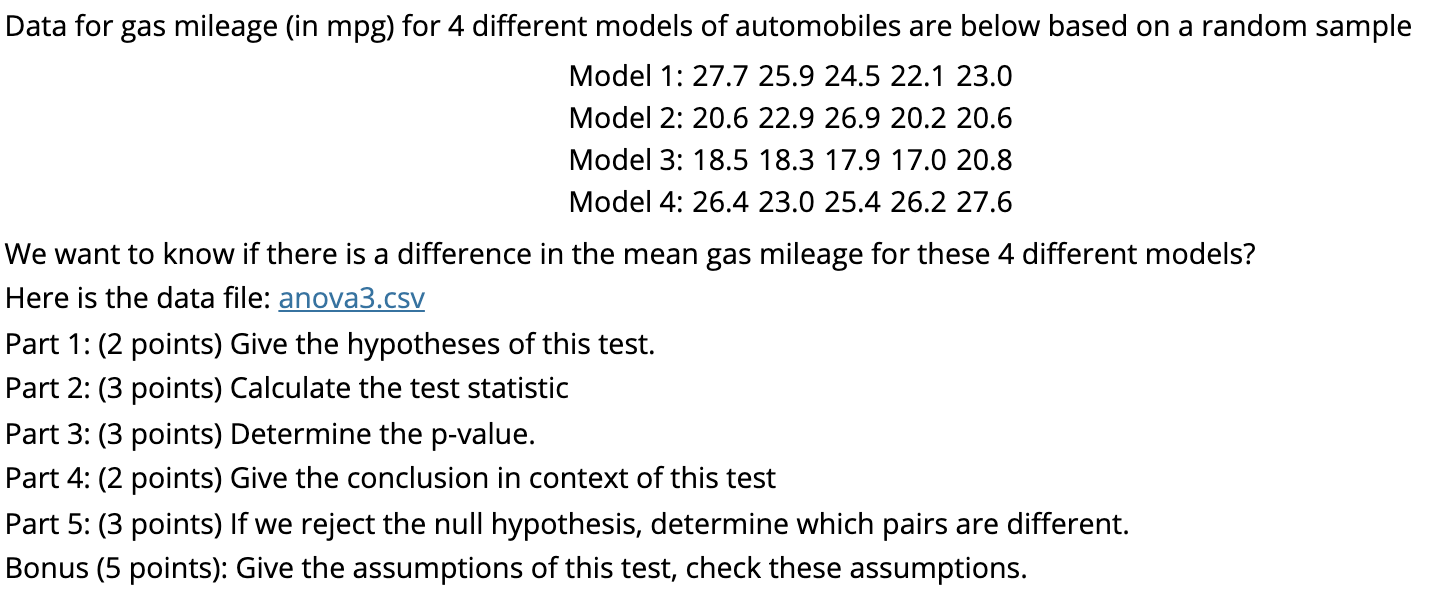 Solved Data for gas mileage (in mpg) for 4 different models | Chegg.com