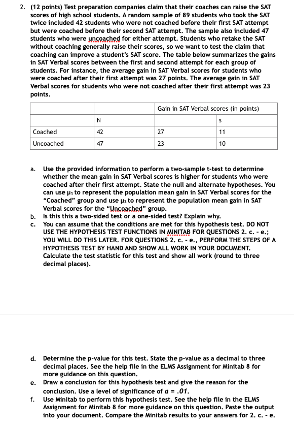 Solved 2. (12 points) Test preparation companies claim that | Chegg.com