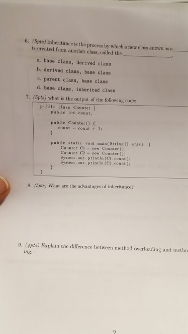 Solved 6. (pts) Inheritance is the process by which a new | Chegg.com