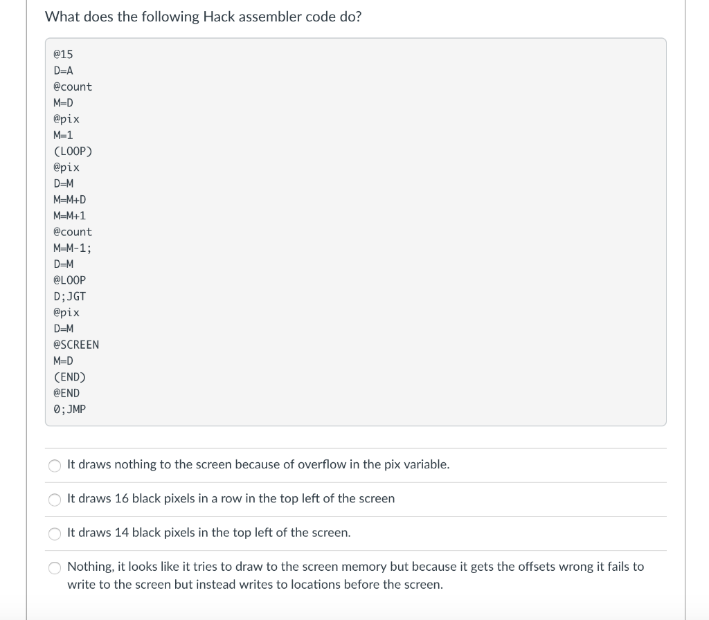 Solved What does the following Hack assembler code do? @15 | Chegg.com