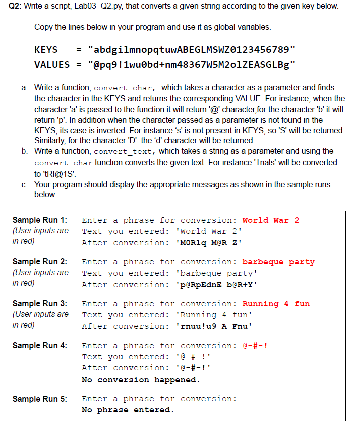 Solved a. Write a function, convert_char, which takes a | Chegg.com
