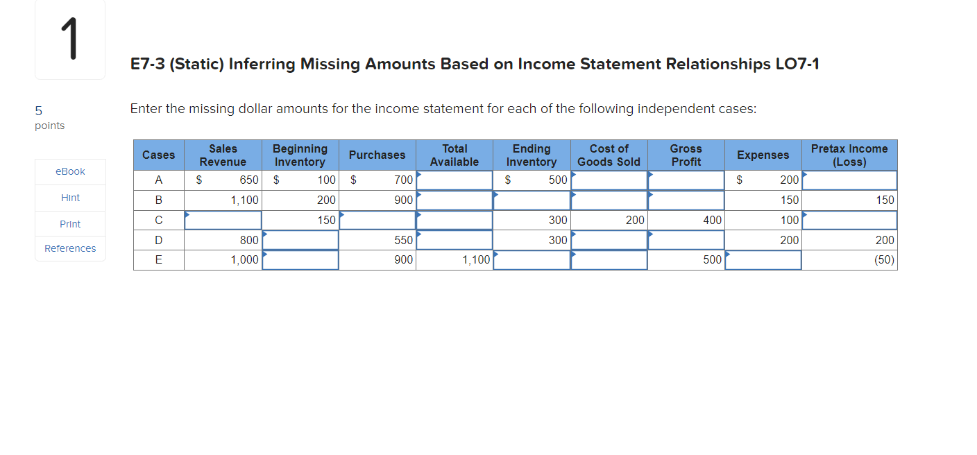 Solved E7 3 Static Inferring Missing Amounts Based On