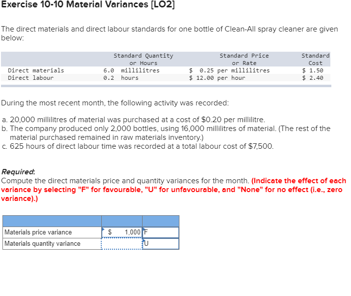 Solved Exercise 10-10 Material Variances [LO2] The direct | Chegg.com