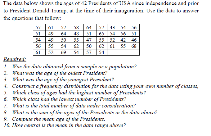 Solved The data below shows the ages of 42 Presidents of USA | Chegg.com