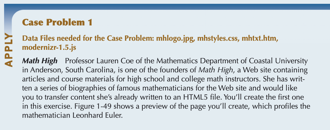 Case Problem 1 APPLY Data Files needed for the Case | Chegg.com
