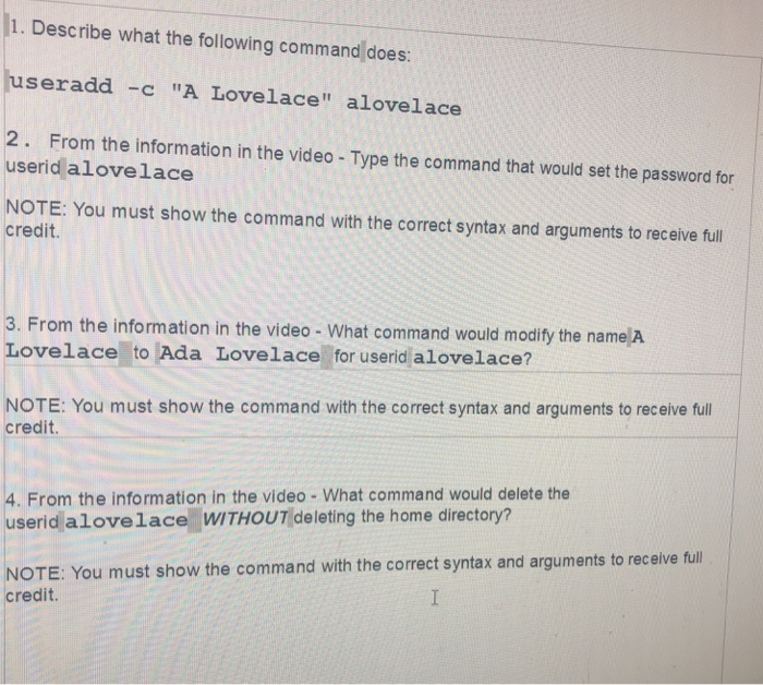 Solved 1. Describe what the following command does: useradd | Chegg.com