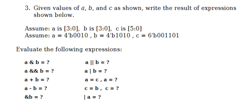 Solved 3. Given values of a, b, and c as shown, write the | Chegg.com