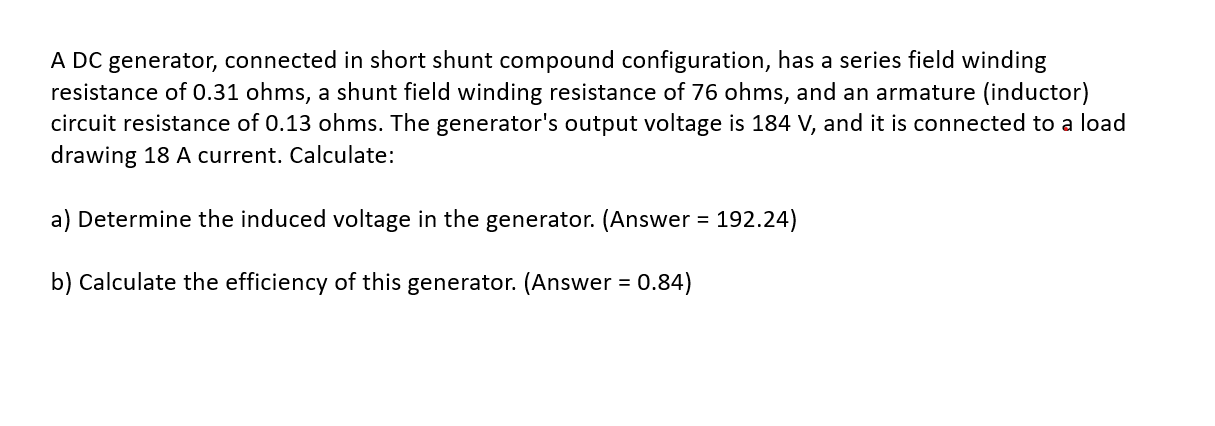 A DC generator, connected in short shunt compound | Chegg.com