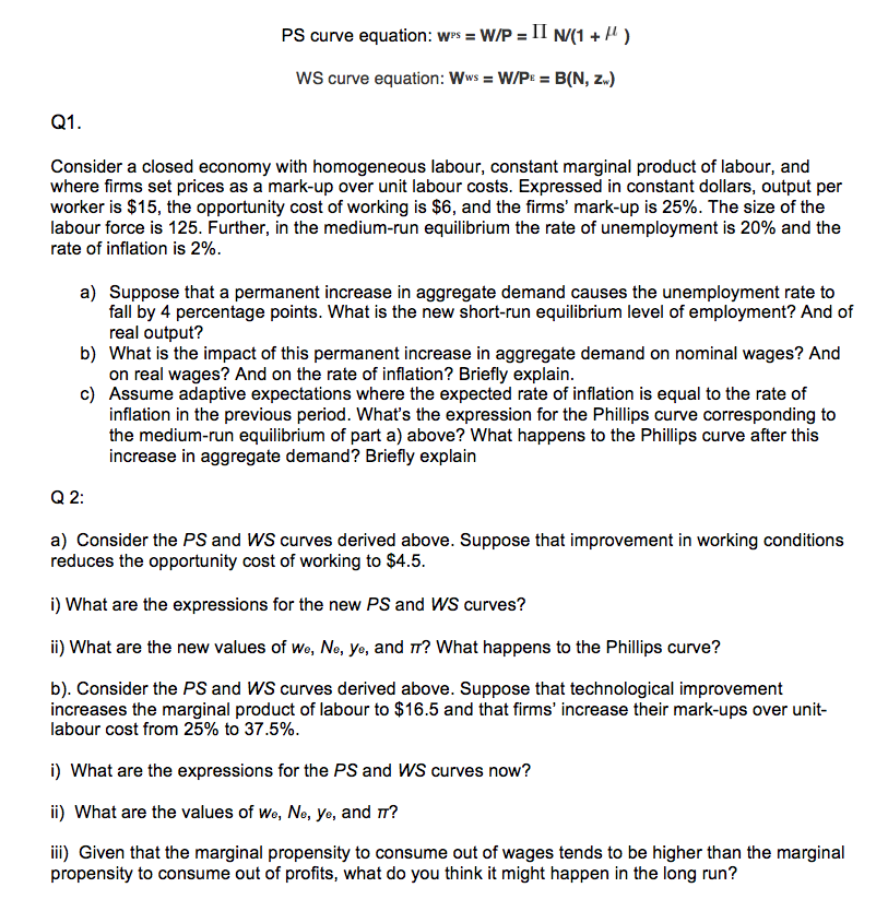 PS curve equation: WPS = W/P = II N (1 + M) WS curve | Chegg.com