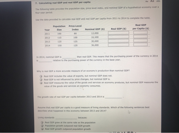 Solved 7. Calculating real GDP and real GDP per capita The | Chegg.com