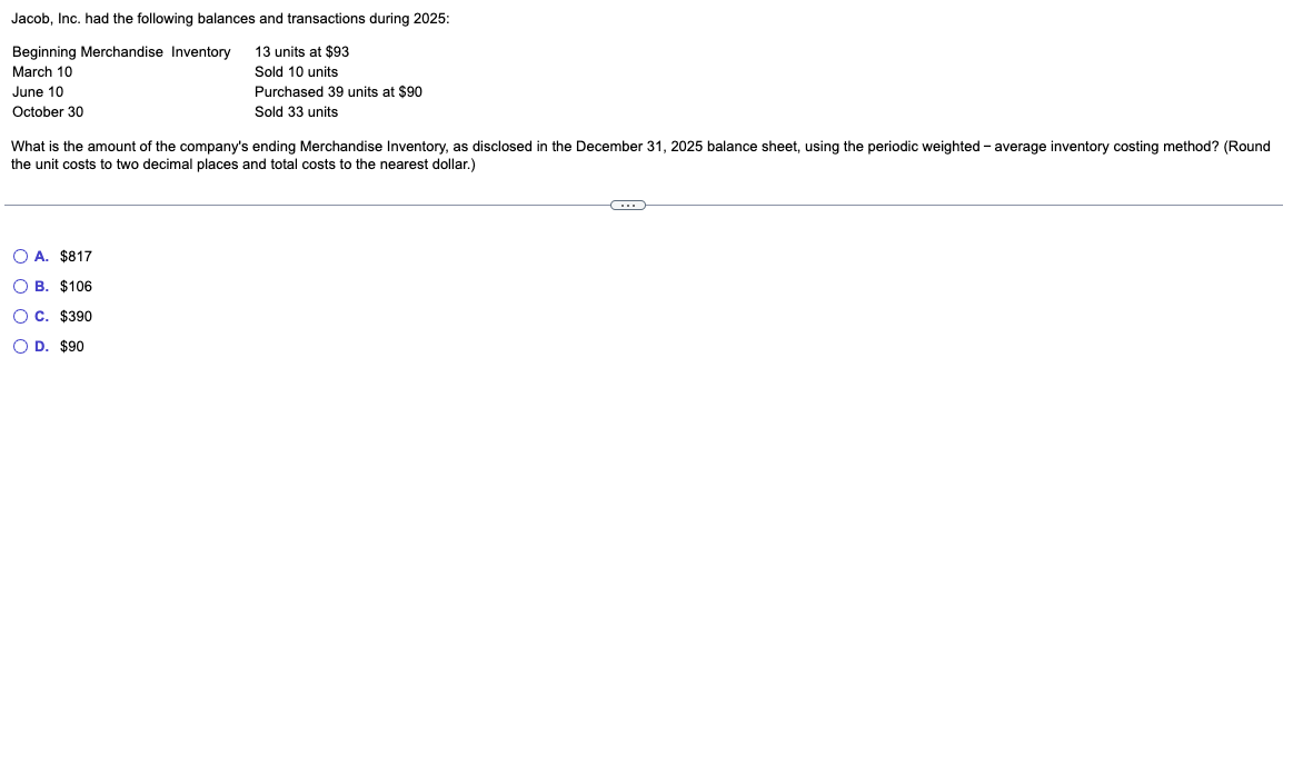 [Solved]: Jacob, Inc. had the following balances and transa