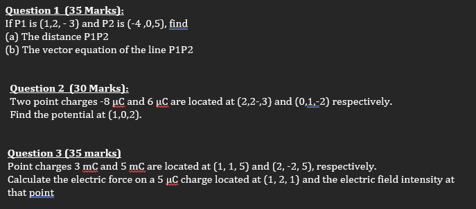 Solved Question 1 (35 Marks): If P1 is (1,2,−3) and P2 is | Chegg.com