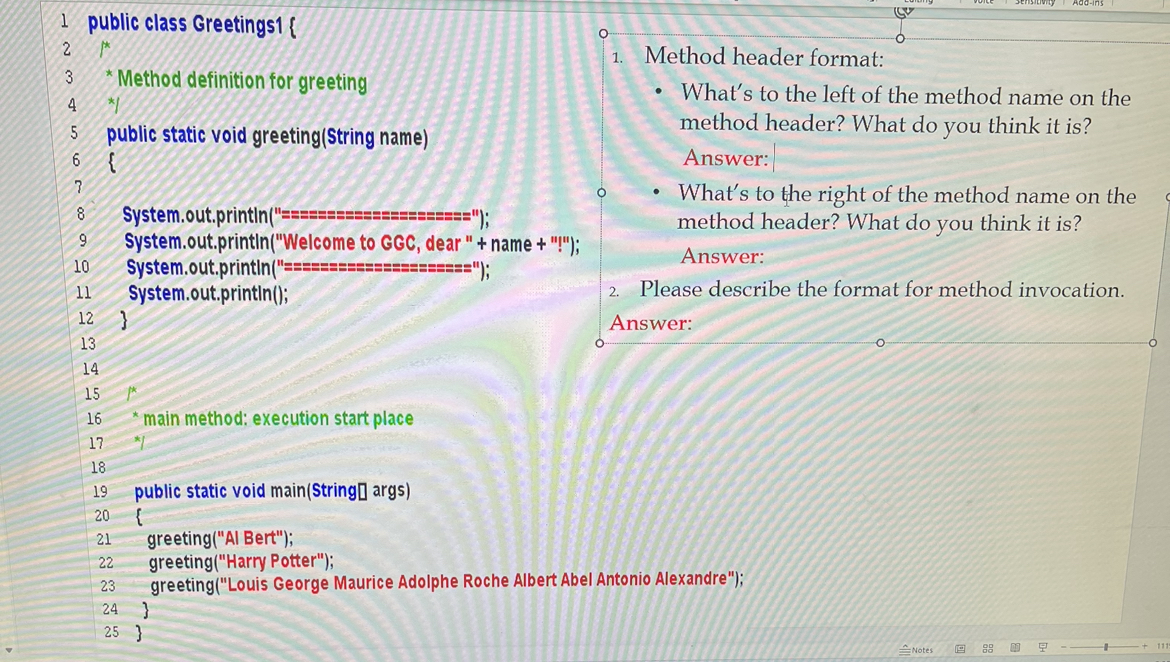 Solved public class Greetings1 \{ * Method definition for | Chegg.com