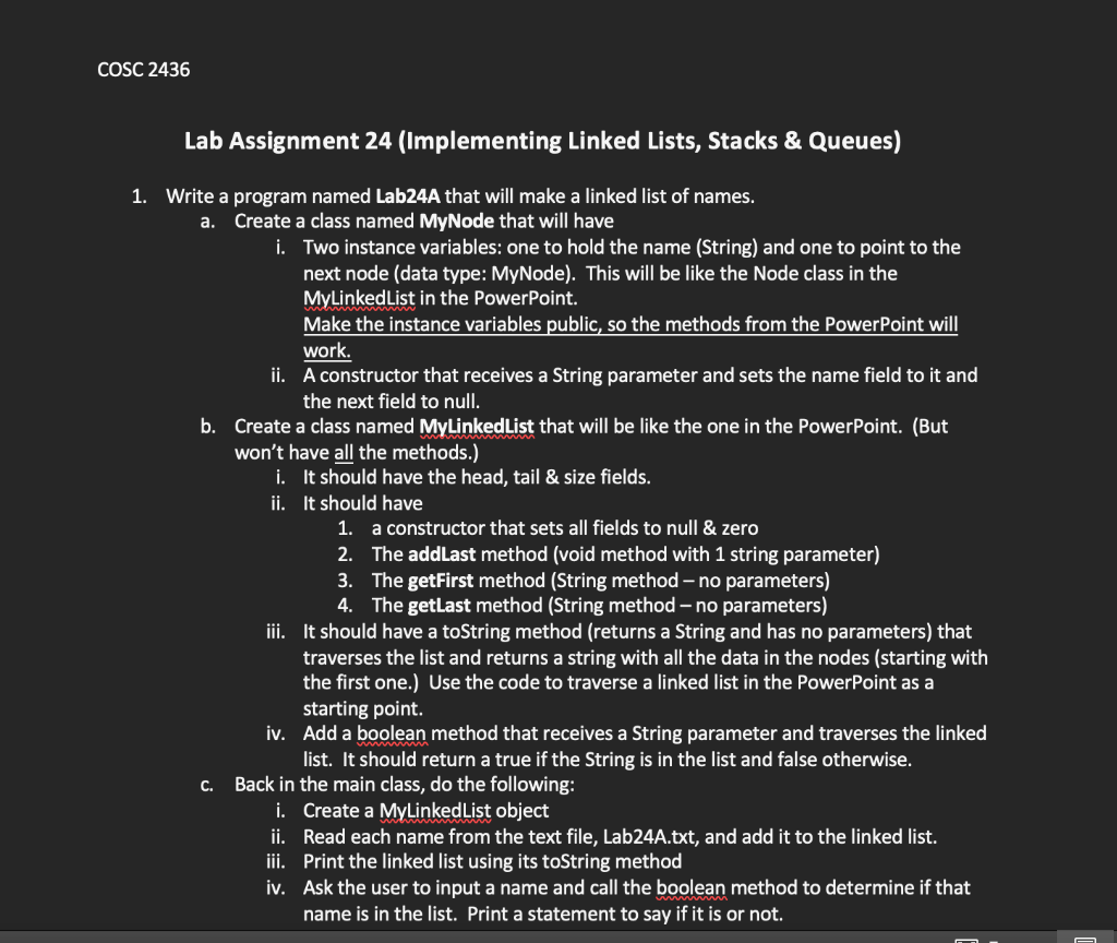 Solved COSC 2436 Lab Assignment 24 (Implementing Linked | Chegg.com