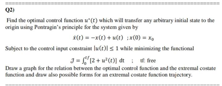 Solved Q2) Find the optimal control function u"(t) which | Chegg.com