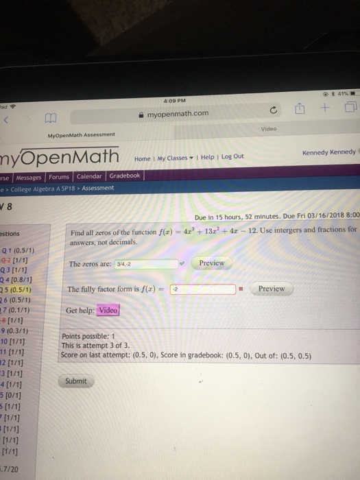 Solved ④ 41%. 4:09 PM 을 myopenmath.com Video MyOpenMath | Chegg.com