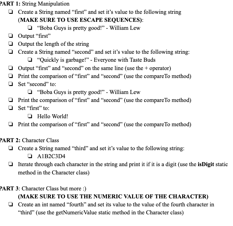 Solved PART 1: String Manipulation Create a String named | Chegg.com