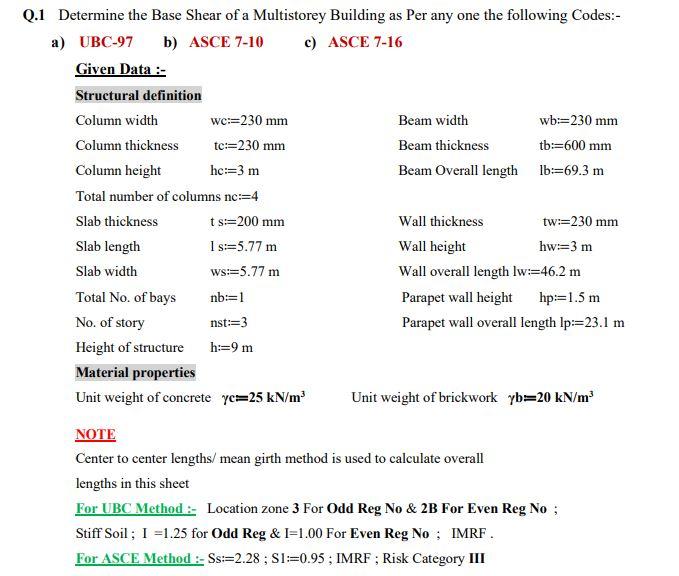 Q.1 Determine the Base Shear of a Multistorey | Chegg.com