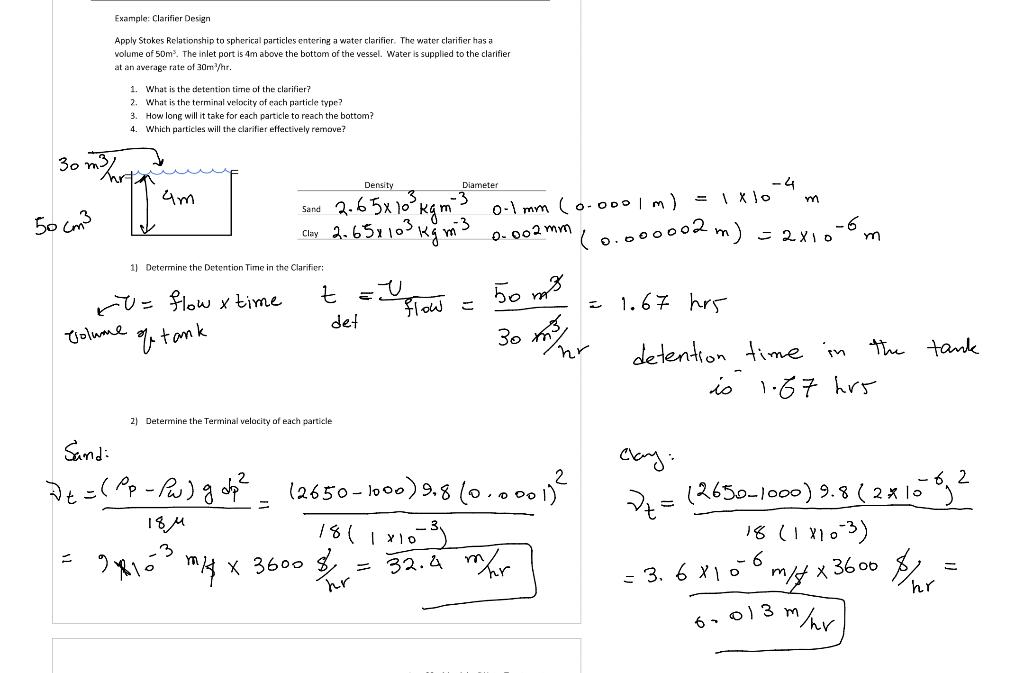 Solved Example: Clarifier Design Apply Stokes Relationship | Chegg.com