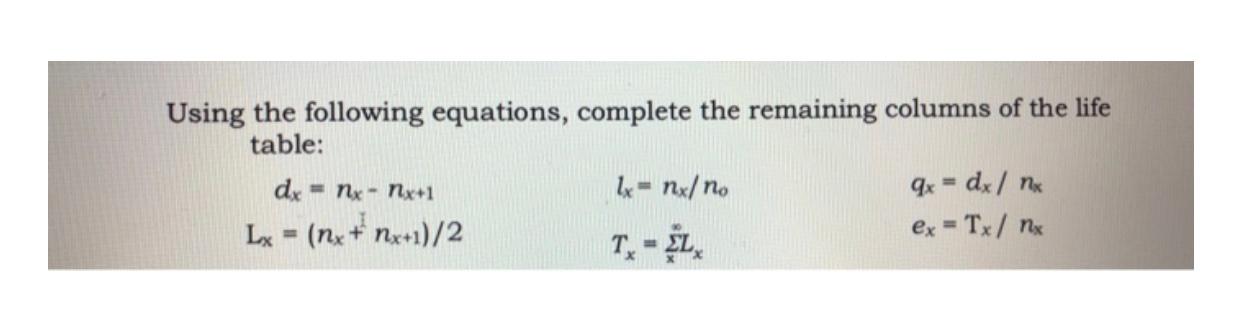 Life Table of Cohort Birds. Given the table answer | Chegg.com