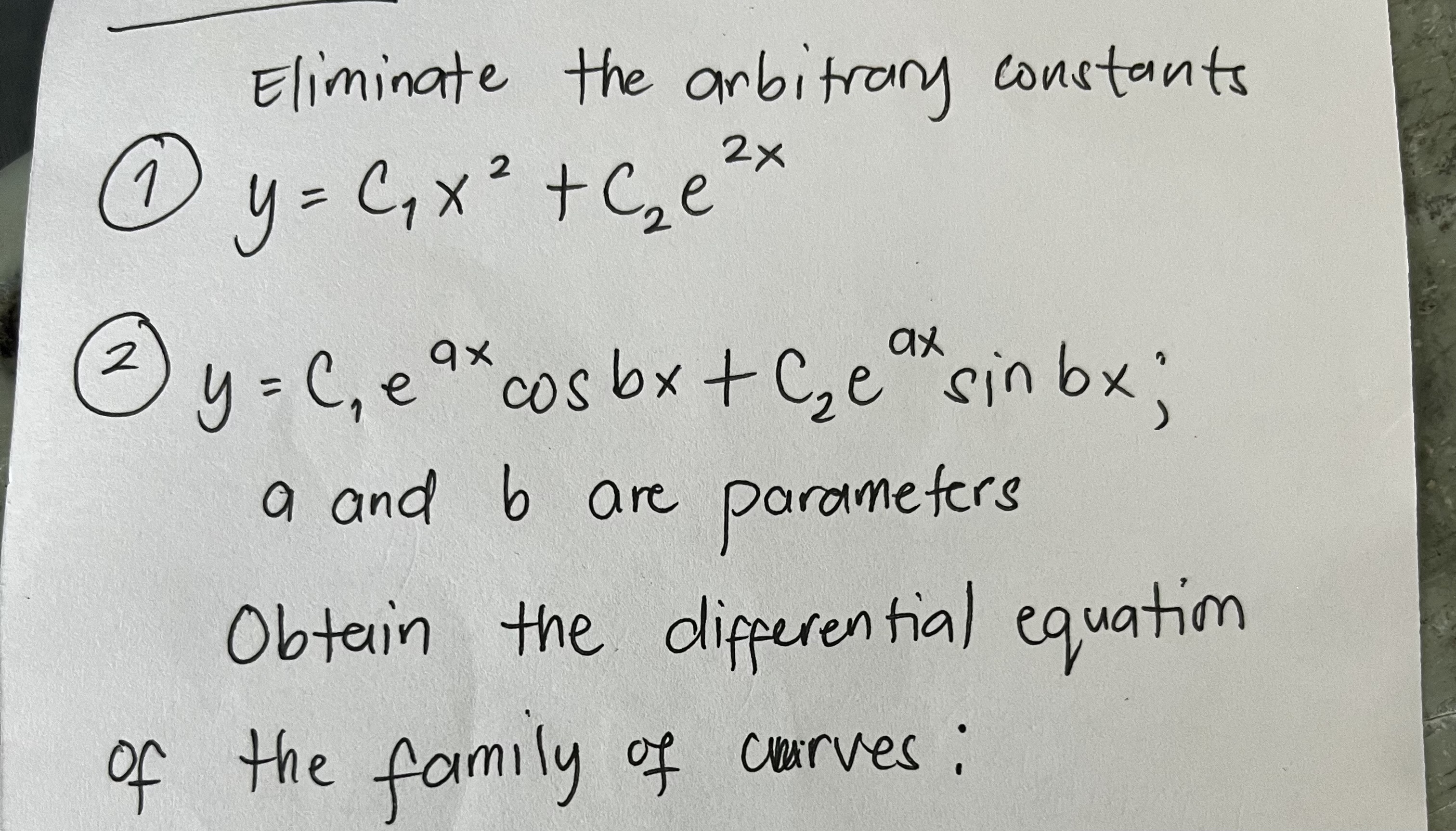 Solved Eliminate the arbitrary constants (1) y=c1x2+c2e2x | Chegg.com