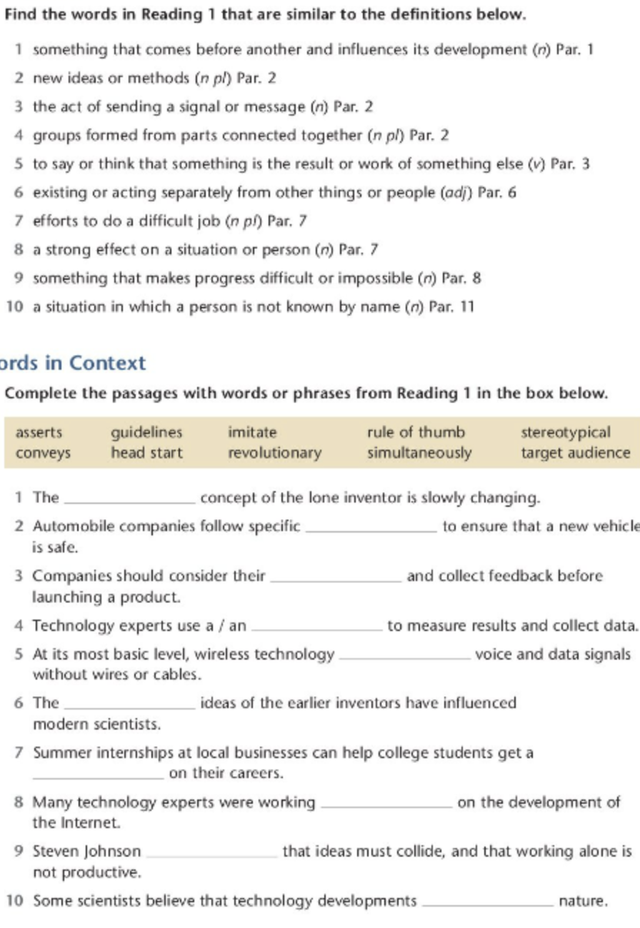 Find the words in Reading 1 that are similar to the | Chegg.com
