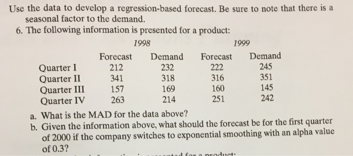 Solved Use The Data To Develop A Regression Based Forecast 5091
