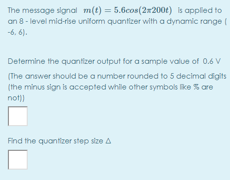 Solved The message signal m(t) = 5.6cos(21200t) is applied | Chegg.com