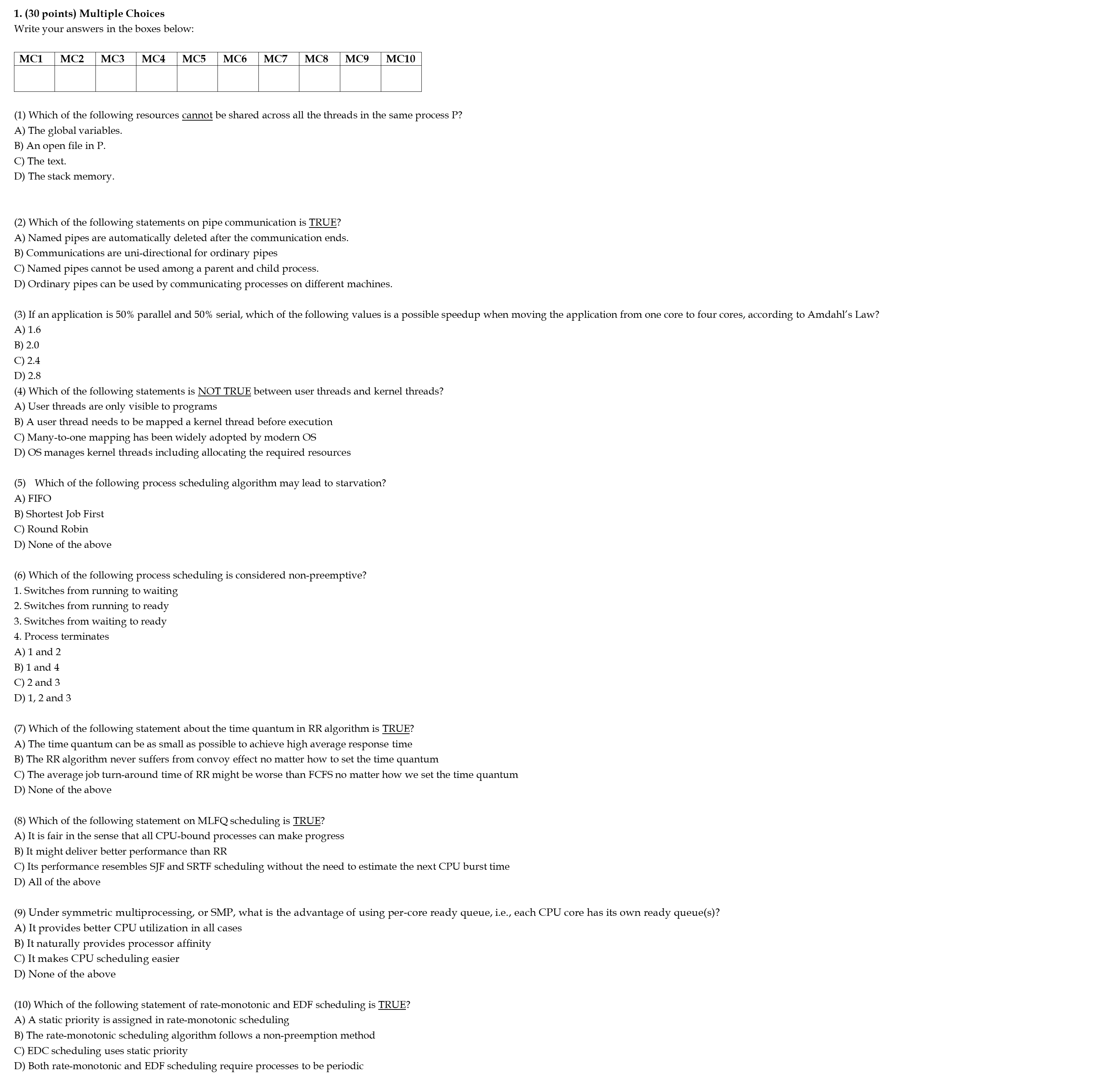 Solved (30 ﻿points) ﻿Multiple ChoicesWrite your answers in | Chegg.com