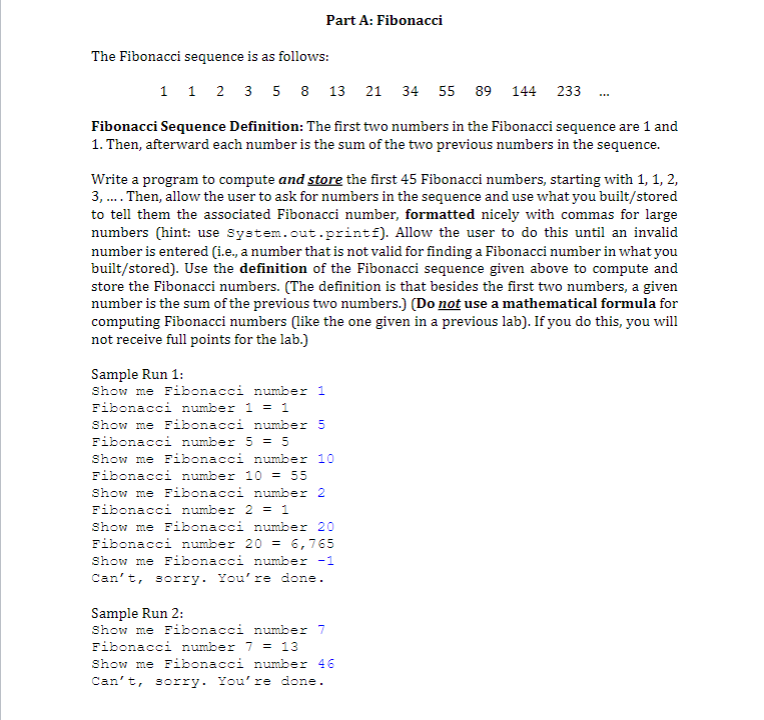 Part A: Fibonacci The Fibonacci sequence is as | Chegg.com