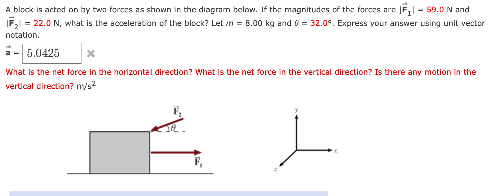 Solved A block is acted on by two forces as shown in the | Chegg.com