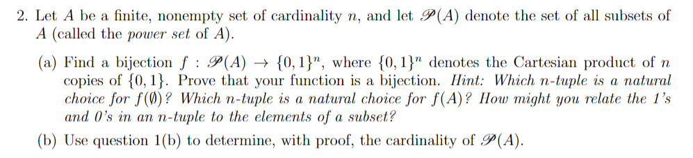 Solved 2. Let A be a finite, nonempty set of cardinality n, | Chegg.com