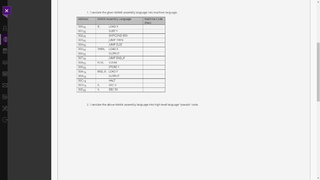 1. Translate the given MARIE assembly language into | Chegg.com
