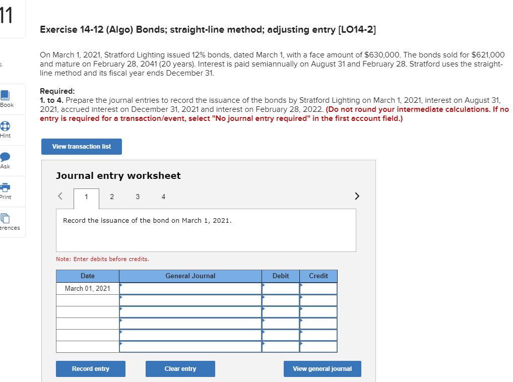 Solved Exercise 14-12 (Algo) Bonds; straight-line method; | Chegg.com