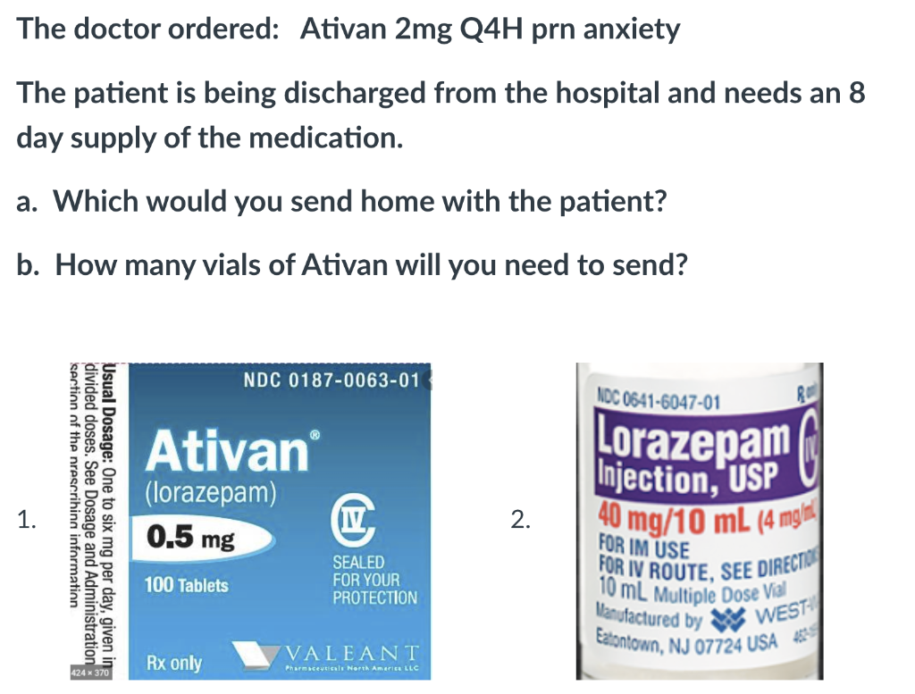 Solved The doctor ordered: Ativan 2mg 24H prn anxiety The | Chegg.com