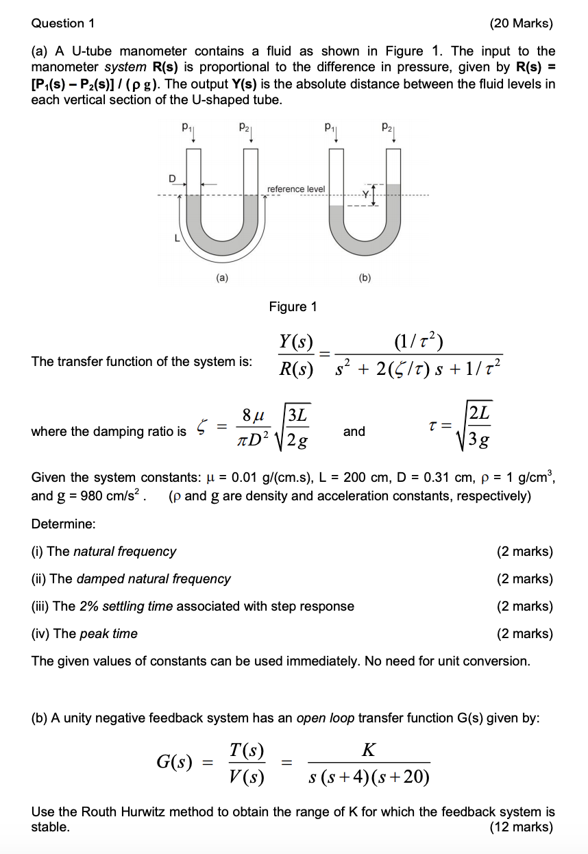 Solved Question 1 (20 Marks) (a) A U-tube manometer contains | Chegg.com