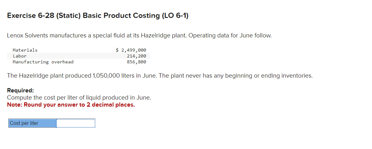 Solved Exercise 6-28 (Static) Basic Product Costing (LO 6-1) | Chegg.com