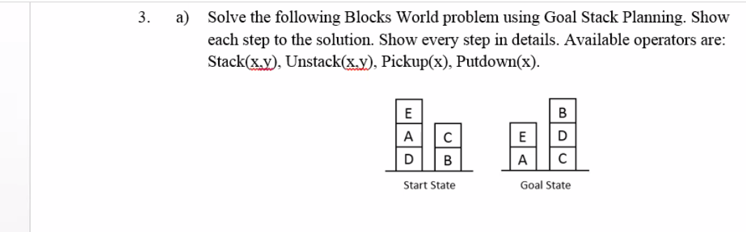 Solved 3. a) Solve the following Blocks World problem using | Chegg.com