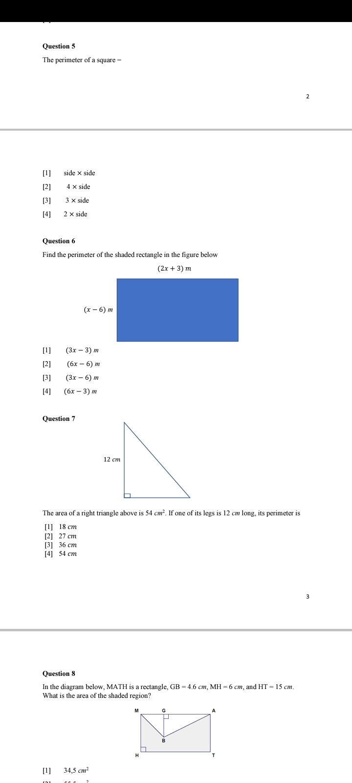 Solved Question 6 Find the perimeter of the shaded rectangle | Chegg.com