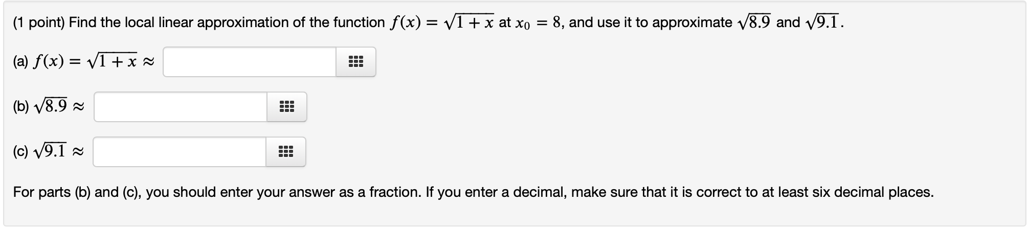 Solved (1 point) Find the local linear approximation of the | Chegg.com