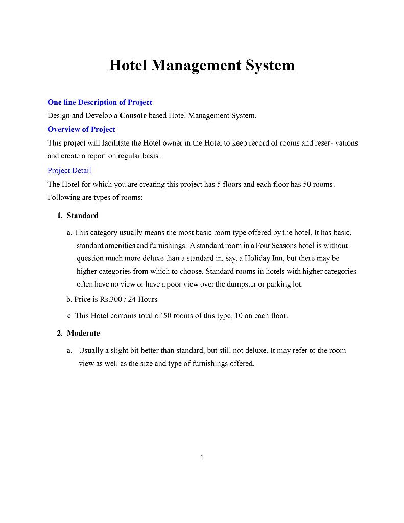 Solved Hotel Management System One line Description of | Chegg.com