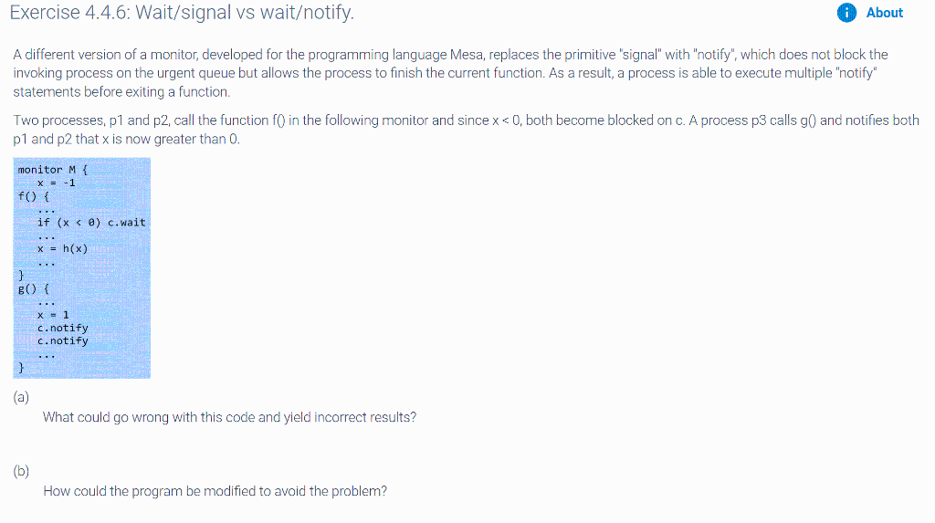 Solved Exercise 4.4.6: Wait/signal vs wait/notify. About A | Chegg.com