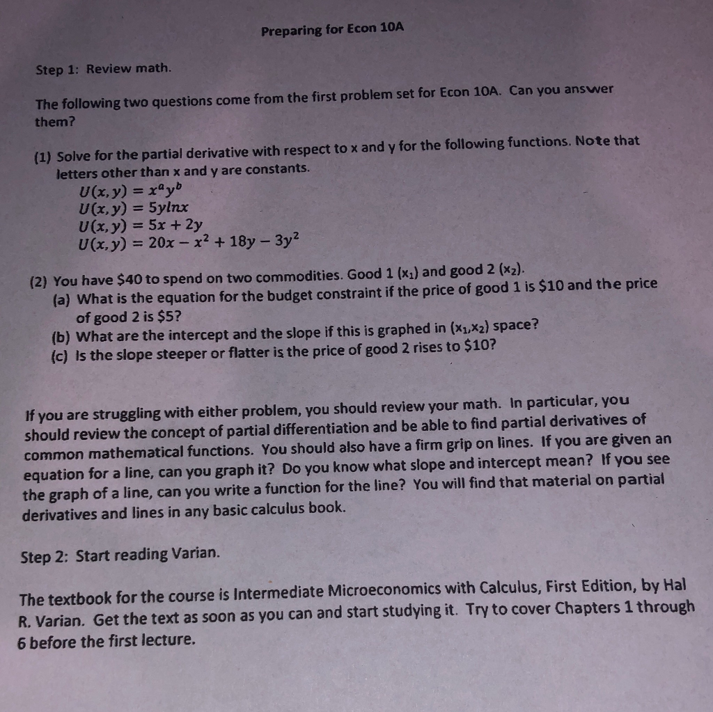 Solved Preparing for Econ 10A Step 1: Review math. The | Chegg.com