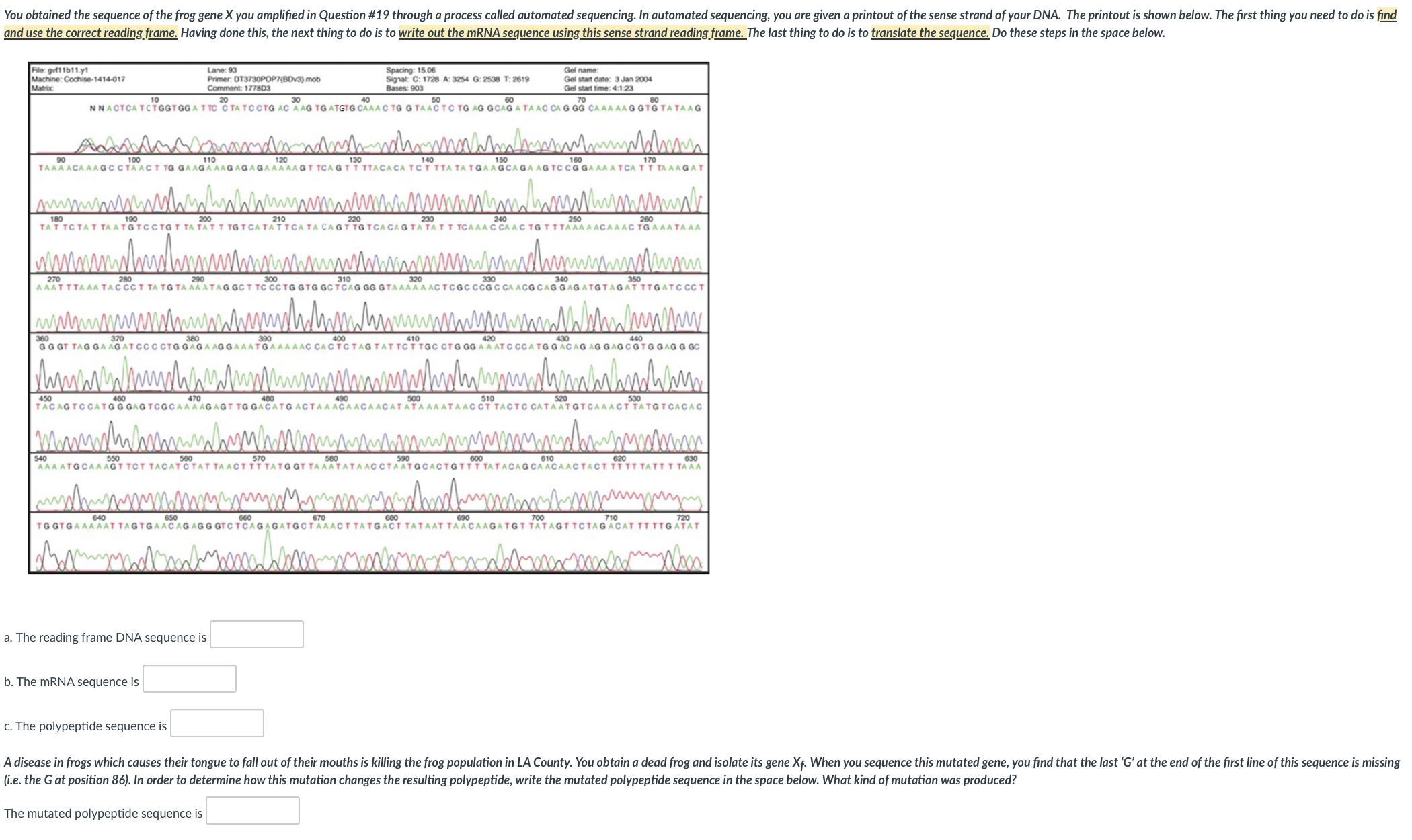 Solved a. ﻿The reading frame DNA sequence isb. ﻿The mRNA | Chegg.com