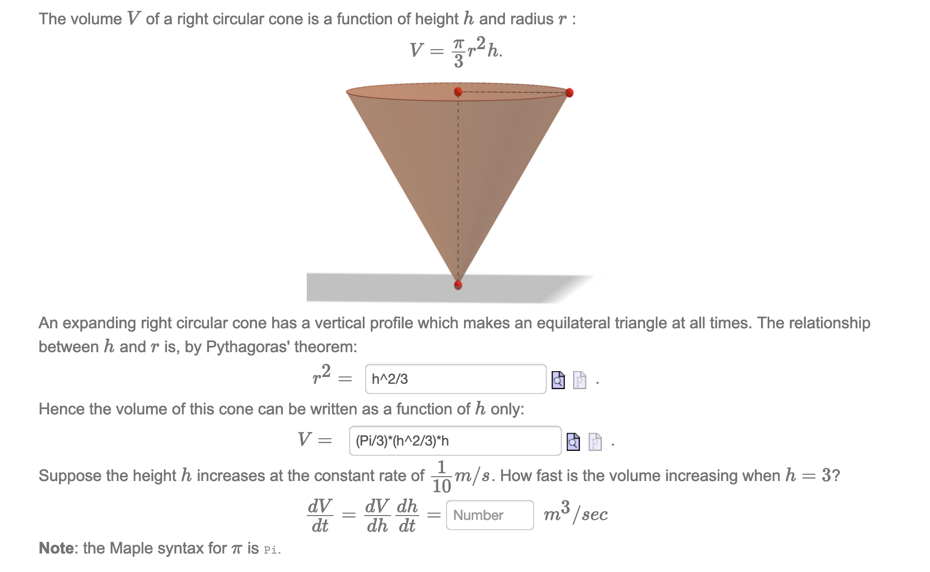 Solved The volume V of a right circular cone is a function | Chegg.com