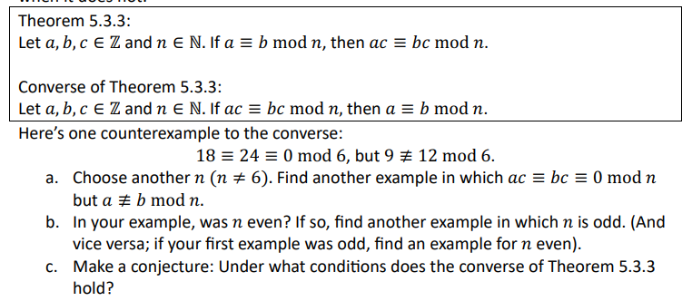 Solved Theorem 5.3.3: Let a,b,c∈Z and n∈N. If a≡bmodn, then | Chegg.com